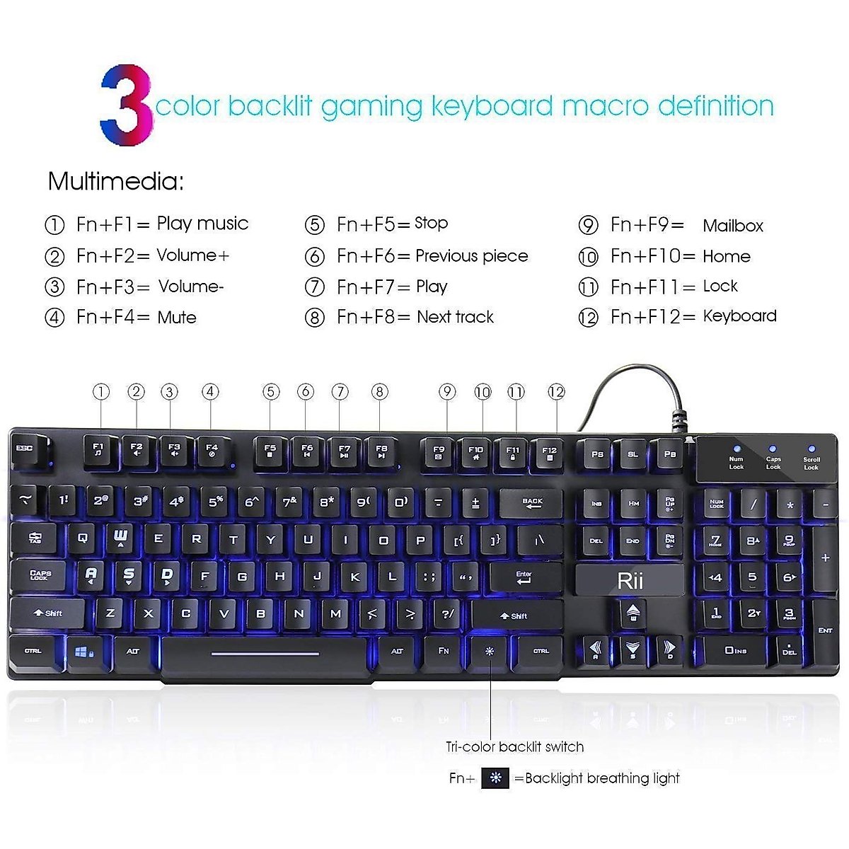 Rii RK100 3 Colors LED Backlit Mechanical Feeling USB Wired Multimedia Office Keyboard For Working or Primer Gaming,Office Device (Renewed)
