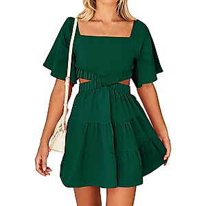BTFBM Women Summer Dresses 2023 Square Neck Short Sleeve Cutout Crossover Waist Casual Party Tiered A-Line Mini Dress(Solid Green, Small)