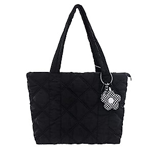iSamzan Puffer Quilted Tote Bag for Women Puffy Padded Purse with Zipper Work School Nylon Soft Purse-Black