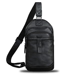 Genuine Leather Sling Bags Hiking Sling Backpacks Fanny Pack Vintage Handmade Crossbody Chest Daypack Anti-theft Shoulder Bag (Black)