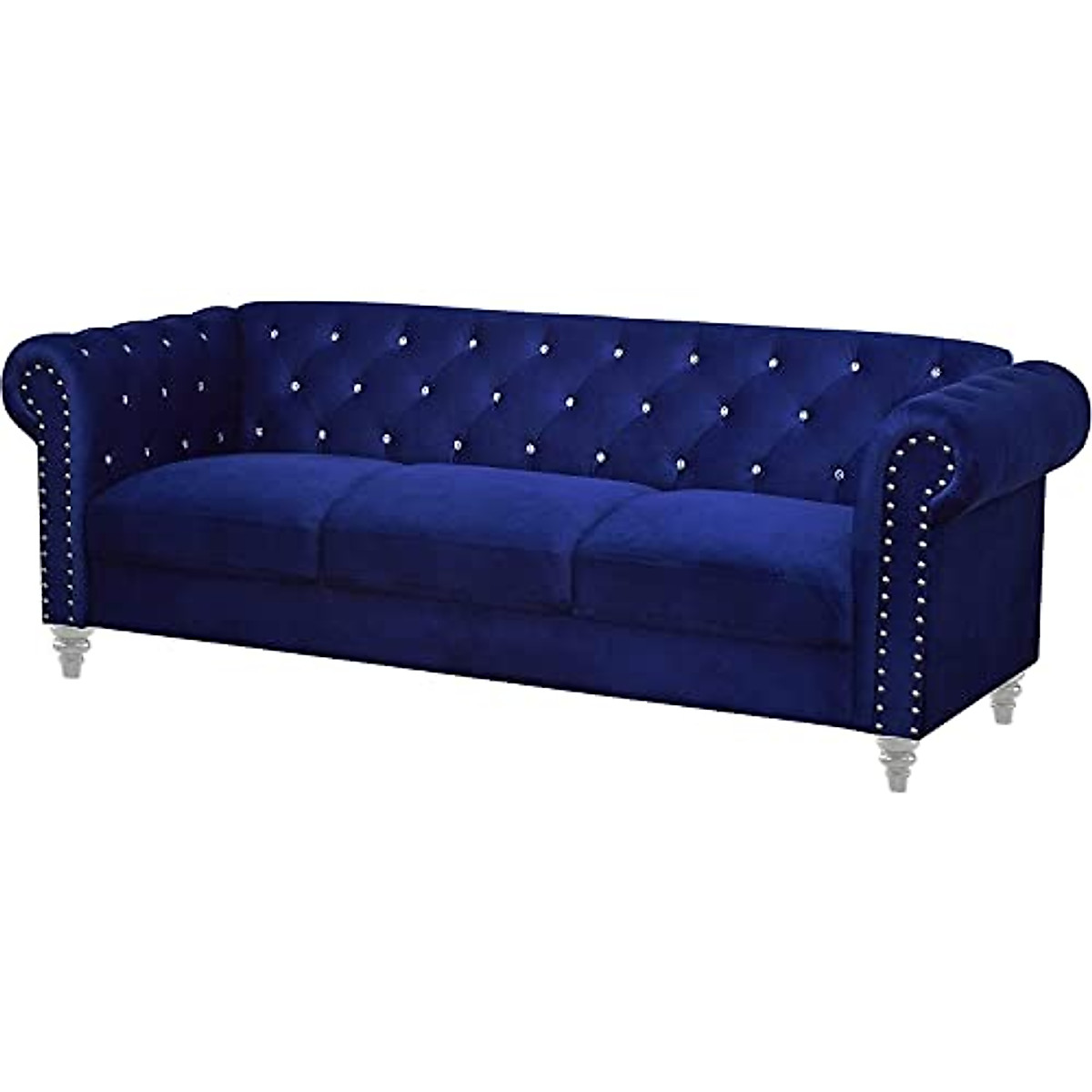 New Classic Furniture Glam Emma Velvet Three Seater Chesterfield Style Sofa for Small Spaces with Crystal Button Tufts, Royal Blue
