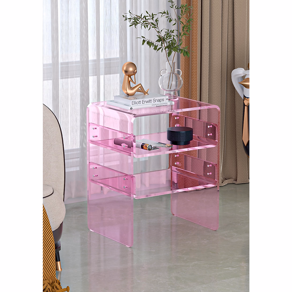 Clear Acrylic 3-Tier End Table/Nightstand – Sleek Bedside Storage with Durable Design, Perfect for Bedrooms, Living Rooms, or Modern Interiors – Ideal as a Bedside Table or Sofa Side Piece (Pink)