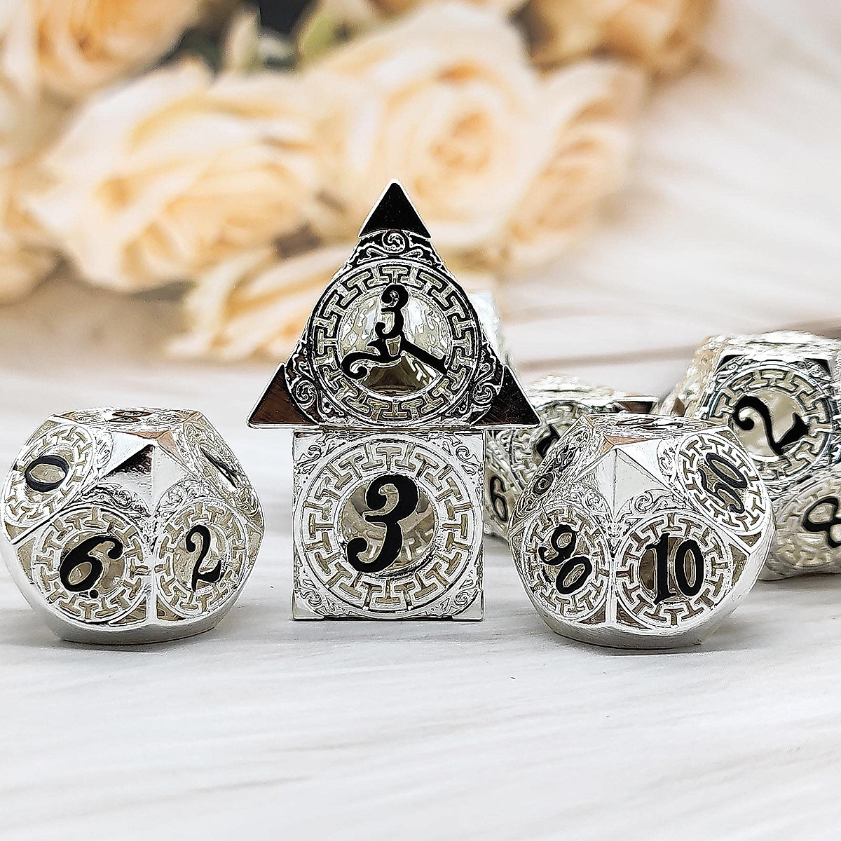 Metal Dice Set 7pcs DND - Table Game RPG Hollow Dice Silver and Black, with Metal Gift Box, Suitable for Dungeon and Dragon D&D MTG, Math Teaching, Polyhedron D4 D6 D8 D10 D10％ D20