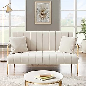 RIDFY Modern Upholstered Velvet Loveseat Sofa with 2 Pillows/Gold Metal Legs, 2 Seater Futon Sofa Couch, Cashmere Fabric Accent Mini Sofa, Living Seat for Small Spaces/Bedroom(Beige)