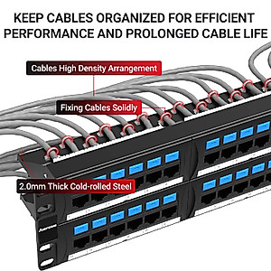 AMPCOM CAT6 48 Ports Patch Panel, Rack Mount - 2U, 19 inch, RJ45 Ethernet 568A 568B, 50u Gold Plated, with Rear Cable Management Bar