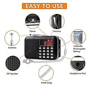 Leting Radios Portable AM FM with MP3 Speaker, Portable Radio Support Micro SD/TF Card/USB/Music Recording,Rechargeable Battery Powered AM FM Radio,Mini Radio with Best Reception (Black)