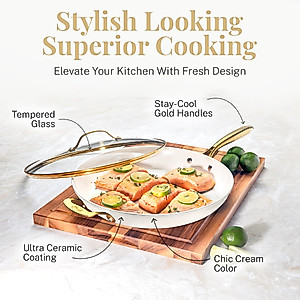 GOTHAM STEEL 14 Inch Non Stick Frying Pans Nonstick Frying Pan, Nonstick Pan with Lid, Cooking Pan, Nonstick Skillet, Non Stick Pan, PFOA Free Ceramic Pan for Cooking, Dishwasher Safe, Cream White