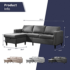 ijuicy 77" Sectional Sofa Couch with Storage Ottoman, 3 Seat L Shaped Sectional Couch, Modern Linen Rivet Tufted Small Couches for Living Room, Apartment & Small Space (Dark Grey)