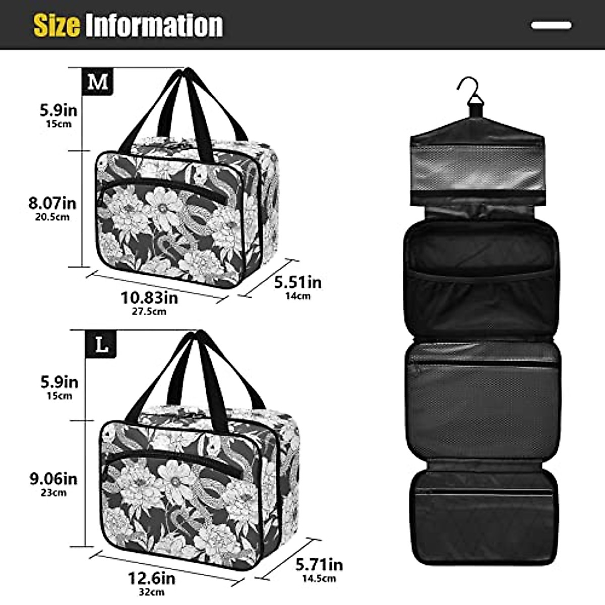 Vnurnrn Snakes Flowers Large Travel Toiletry Bag for women Makeup Organizer Bag with Hanging Hook Shower Bag for Traveling Electric Shaver Brush
