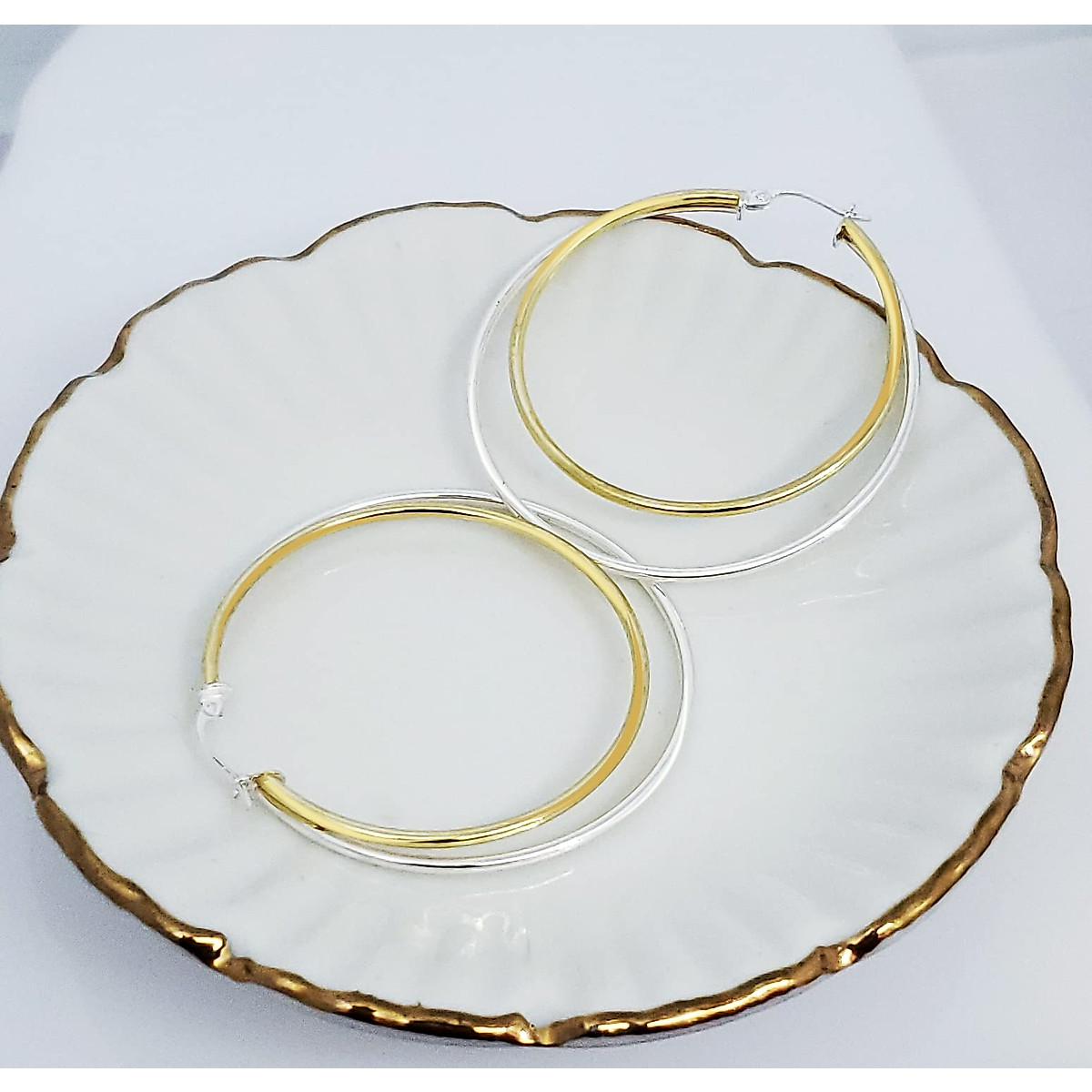 Sterling Silver Two-Tone Double Row Large 48mm Round Hoop Earrings