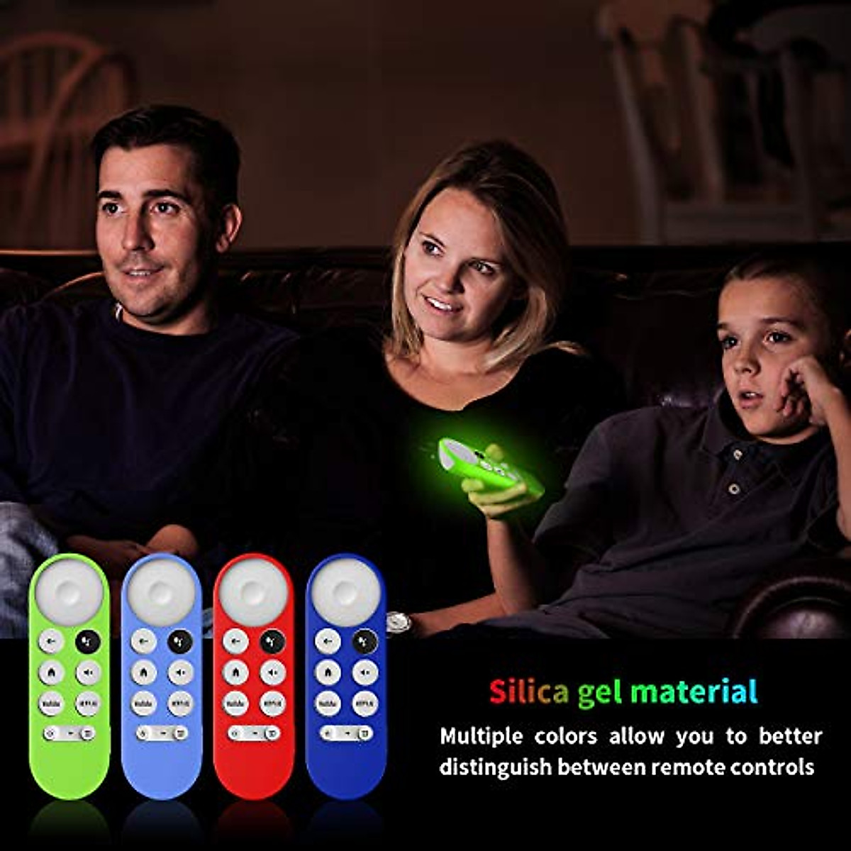 [4Pcs]Protective Case Compatible for Chromecast with Google TV Remote Control, Alquar Shockproof Silicone Skin for Google TV 2020 Voice Remote, Anti-Lost with Loop (red+dark blue+glow blue+glow green)
