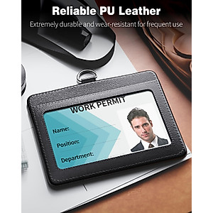 Uniclife Horizontal Leather ID Badge Holder and Retractable Adjustable Lanyard Breakaway Neck Lanyard with Retractable Badge Reel Quick-Release Buckle and Card Protector for Workers Students Employees