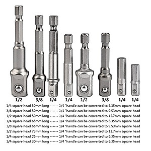TIMESETL 8Pcs Impact Grade Socket Adapter Set, Hex Shank Square Nut Impact Driver Socket Adapter, Socket to Drill Adapter 1/4" 3/8" 1/2" Impact Driver Adapter Quick Change Drill Extension Bit Set