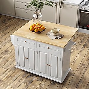 Alorksi Rolling Kitchen Island with Drop Leaf, Mobile Kitchen Carts on Wheel with Storage Cabinet, Drop Leaf Island Table for Kitchen with Towel Rack and Drawer, White