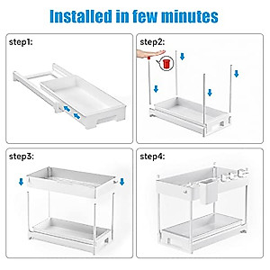 Luyata 2 Pack Under Sink Organizer, 2 Tier Pull Out Under Sink Cabinet Organizer, Sliding out Drawer Basket Storage Organizer Shelf for Kitchen Bathroom, with Hooks, Hanging Cups, Dividers, White