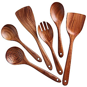 NAYAHOSE Wooden Spoons for Cooking, 6 Pcs Wooden Utensils for Cooking, Natural Teak Wood Non-Stick Cooking Spoons, Comfort Grip Wood Utensils Set for Kitchen