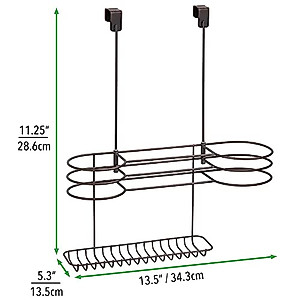 mDesign Metal Over Door Bathroom Hair Care & Styling Tool Organizer Storage Basket for Hair Dryer, Flat Irons, Curling Wands, Hair Straighteners - Hang Inside or Outside Cabinet Doors - Bronze
