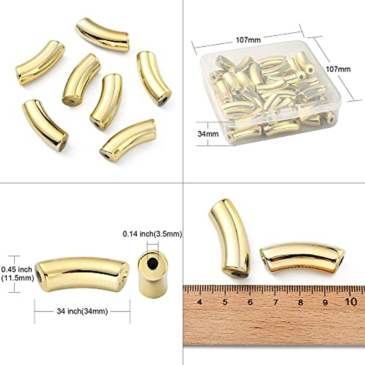 LiQunSweet 50 Pcs Golden Acrylic Noodles Beads Long Curved Tube Bead Spacers for DIY Bracelet Anklet Necklace Jewelry Making - 34mm
