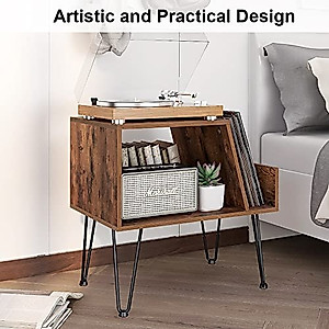Tohomeor Vinyl Record Player Stand Turntable Stand LPs Album Storage Cabinet Wooden Sofa End Table Media Audio Video Turntables Stand Nightstand for Bedroom Living Room Office (Rustic Brown)