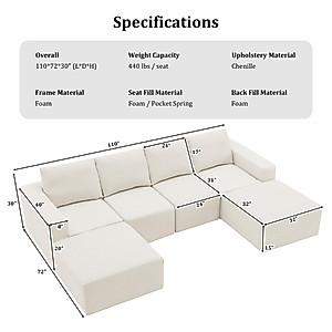 Olodumare U Shaped Minimalist Modular Sectional Sofa Sets, Modern 6 Pcs Luxury Chenille Floor Cloud Couch, Free Combination, Foam-Filled Sleeper Sofa Bed for Living Room, Office, Deep Seat, Beige