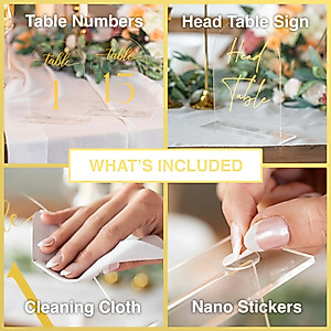 Clear Arch Acrylic Table Numbers for Wedding Reception - 10 Pack 5" x 7" Gold Font Table Number Centerpiece Set with Holder Stands & Head Table Sign - Anniversary, Event, Party, Wedding Table Numbers