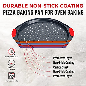 Pizza Tray – 2 Round with Silicone Handles – Carbon Steel Pizza Pan with Holes and Non-Stick Coating – PFOA PFOS and PTFE Free by Bakken