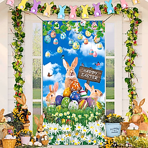 2023 Happy Easter Eggs Bunny Door Banner 3x6ft Spring Sky Grassland Flower Door Cover Banner Child Baby Shower Party Outdoor Yard Porch Sign Decoration