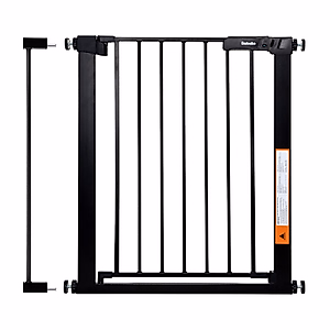 BABELIO 26-32 Inch Easy Install Narrow Pressure Mounted Metal Baby Gate, No Drilling, No Tools Required, with Wall Protectors and Extenders (Black)