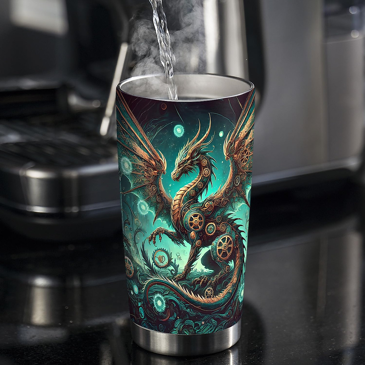 64HYDRO 20oz Steampunk Mechanical Dragon Tumbler, Engineer Mechanic Dragons, Gaming, Gamers Gifts for Dragon Lovers, Stainless Steel Double Wall Vacuum Insulated Coffee Mug, Travel Cup with Lid