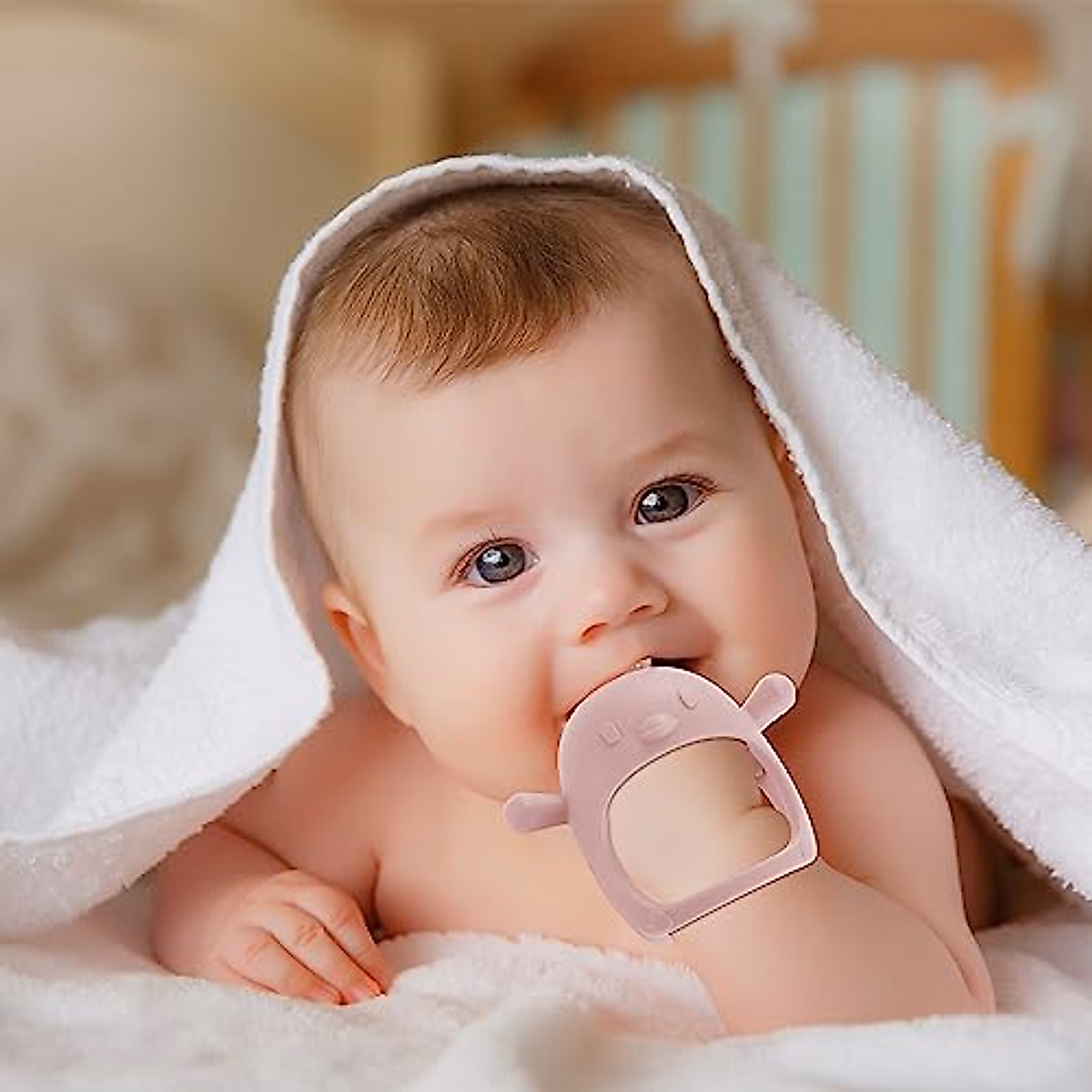 AIXMEET Baby Teething Toys, Soft Silicone Baby Teether Toys for 0-6 Months, Anti-Drop Hand Wrist Wearable Teether, Chew Toys for Sucking Needs, Baby Mitten Teether for Soothing Sore Gum,Pink