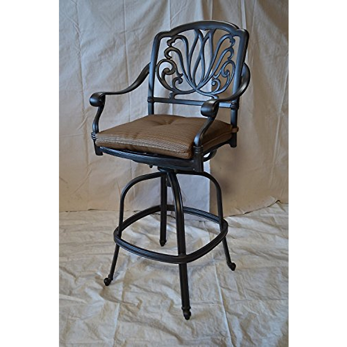 theWorldofpatio Elizabeth Cast Aluminum Powder Coated 4 Swivel Bar Stools 30" with Walnut Seat Cushions- Antique Bronze