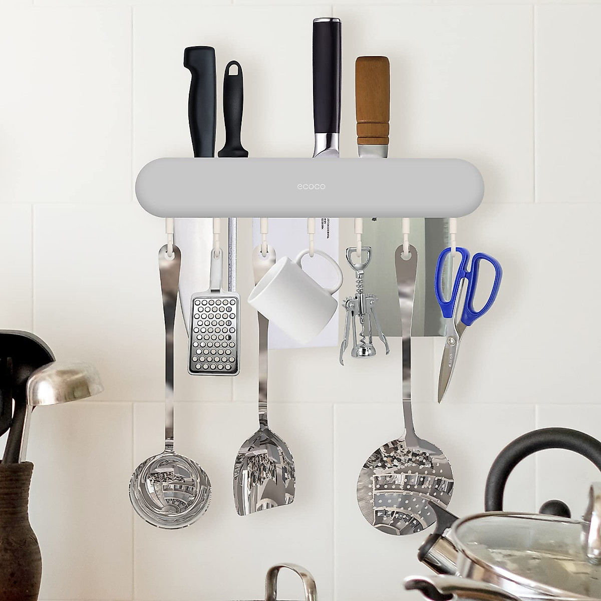 hancook Adhesive Knife Holder with 3 Slots for Knives Easy Cleaning Wall-Mounted Kitchen Knife Block 7 Hooks for Utensils