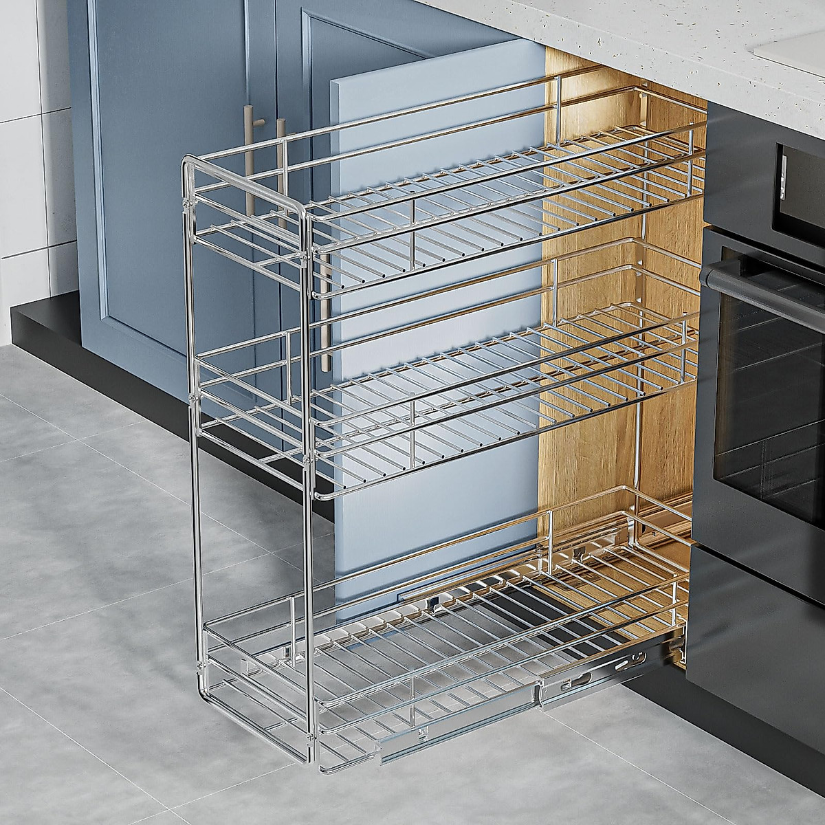 ROOMTEC Pull Out Cabinet Organizer for Narrow Cabinet (7" W X 21" D), Kitchen Cabinet Organizer and Storage 2-Tier Cabinet Pull Out Shelves Under Cabinet Storage for Kitchen, Chrome
