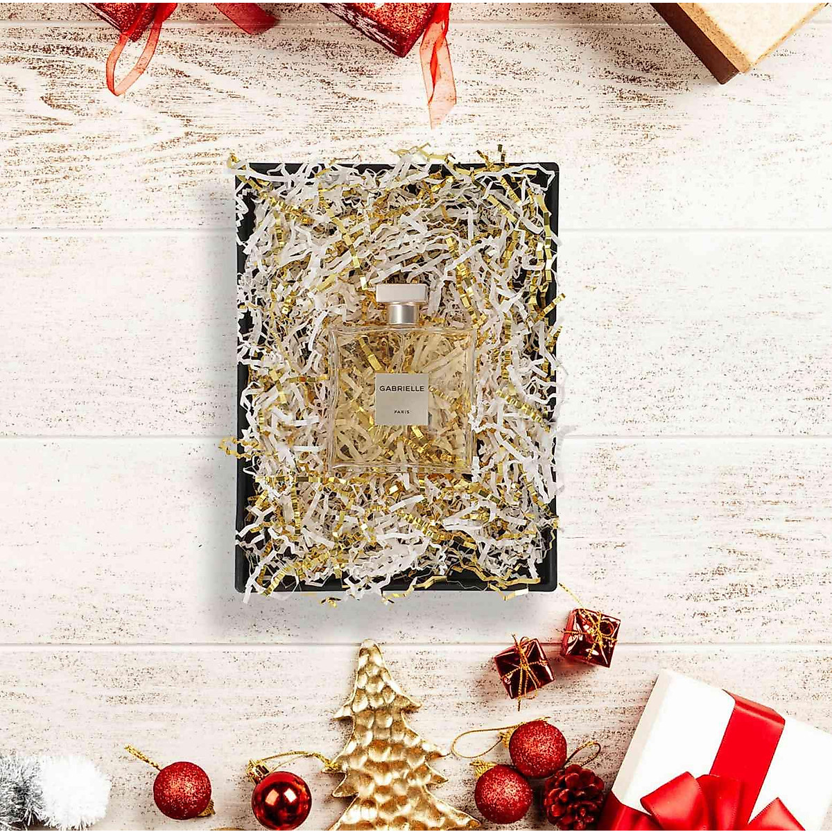 PLINJOY 4 OZ Crinkle Cut Paper Shred Filler for Gift Basket Shredded Confetti Paper Box Stuffing Easter Basket Grass (Gold White)