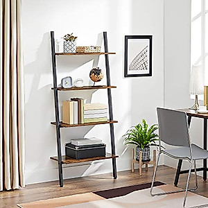 VASAGLE ALINRU Ladder Shelf, 4-Tier Bookshelf, Storage Rack Shelves, for Living Room, Kitchen, Office, Steel, Stable, Sloping, Leaning Against The Wall, Industrial, Rustic Brown and Black ULLS43BX