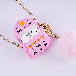 AirPods Case Cute with Keychain Metal Strap & Fur Ball, pordsioc Silicone 3D Backpack Airpods 1 & 2 Cover Earphone Covers Cartoon Airpod Protective Case for Girls and Women (Pink)