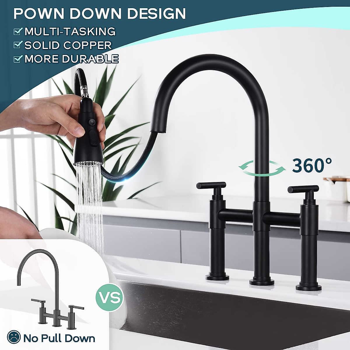 ARRISEA Matte Black Bridge Kitchen Faucet with 3 Mode Pull-Down Sprayer 2 Handle 8 Inch Faucet for Kitchen Sinks 3 Hole Kitchen Sink Faucet, Fingerprint Resistant Spot Free BL-BKF-15108BK
