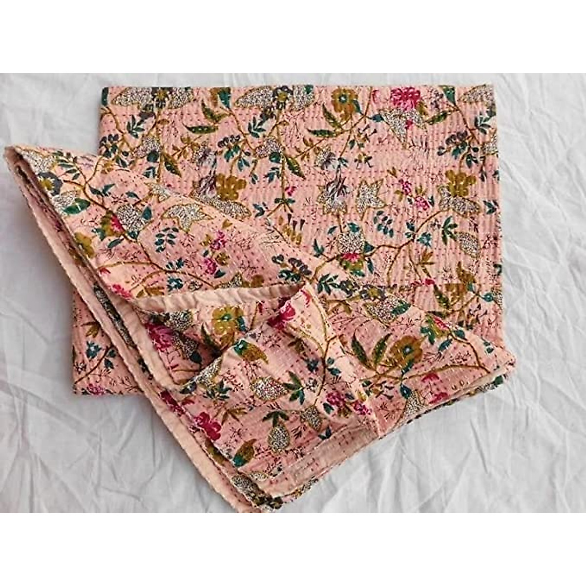 Beige Leaf Print Bird of Paradise Cotton Kantha Quilt, Indian Bedspread Handmade Bohemian Traditional Blanket Throw Quilt Gudri Bed by United Creation, 90 X 60, Peach (United Creation - 215)