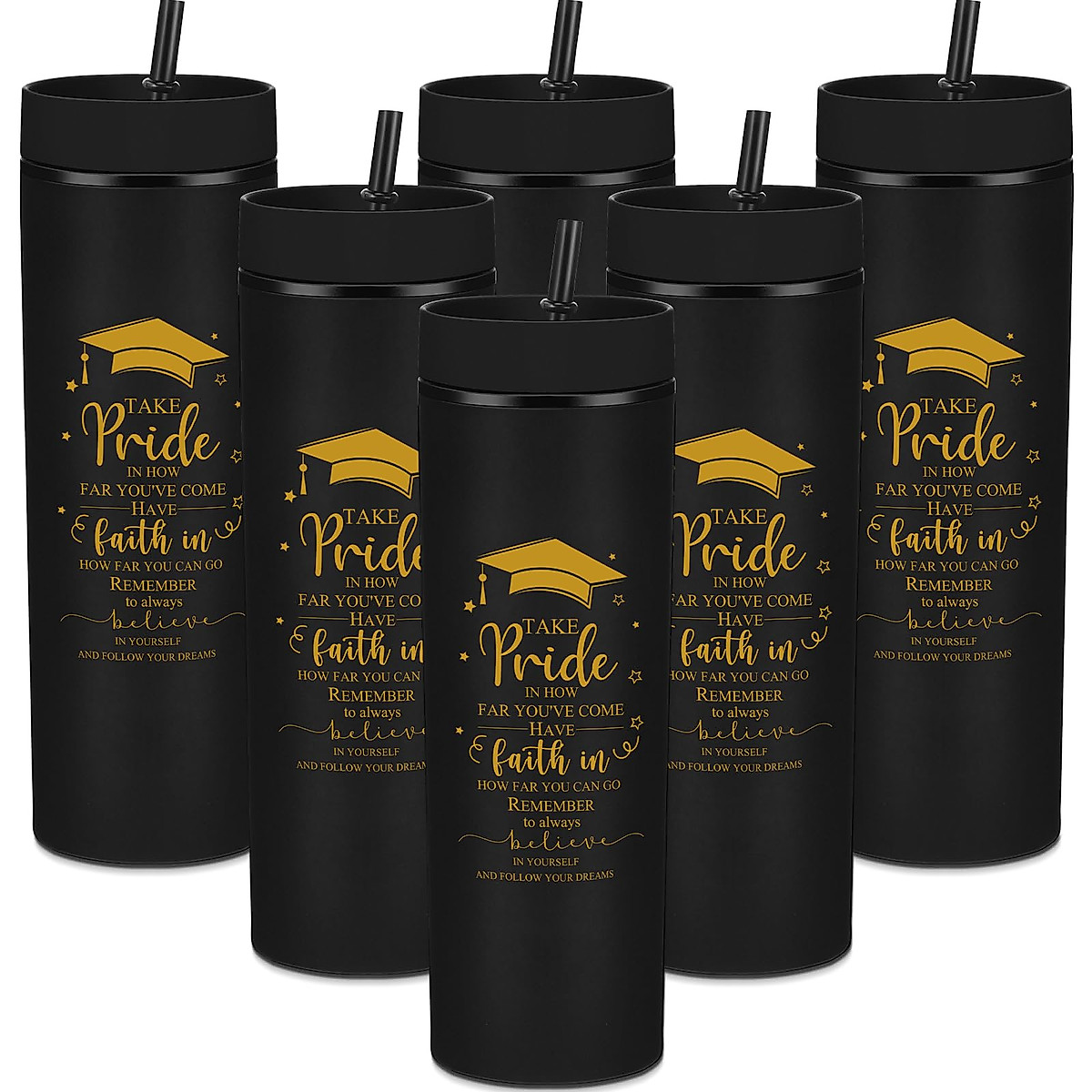 Blushtier 6 Pcs Class of 2025 Graduation Gifts Bulk College Graduate Gift 16oz Matte Inspirational Black Skinny Tumbler with Lid and Straw Plastic Drinking Cup for Teen High School Grad Party Favors