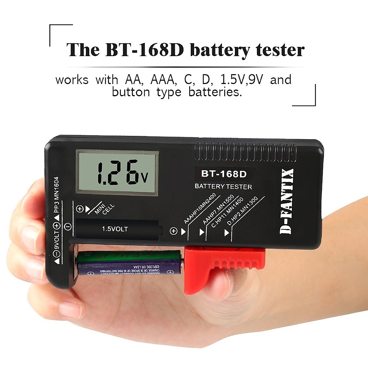 D-FantiX Digital Battery Tester, Universal Battery Checker Household Battery Testers for AAA AA C D 9V 1.5V Small Batteries Button Cell (Model: BT-168D)