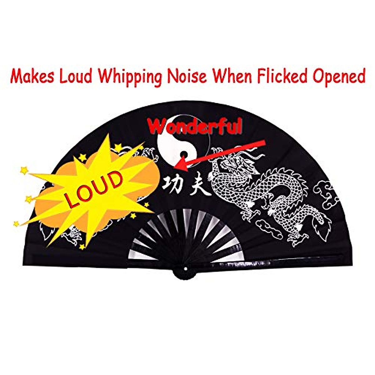 Amajiji Large Rave Folding Hand Fan for Men/Women, Chinese Japanese Kung Fu Tai Chi Handheld Fan Performance Fan Festival Gift Fan Craft Fan Folding Fan Dance Fan (Black Dragon)