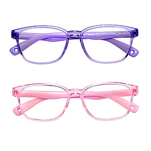 AHXLL Kids Blue Light Blocking Glasses 2 Pack, Anti Eyestrain & UV Protection, Computer Gaming TV Phone Glasses for Boys Girls Age 3-9 (Transparent Purple+ Transparent Pink)