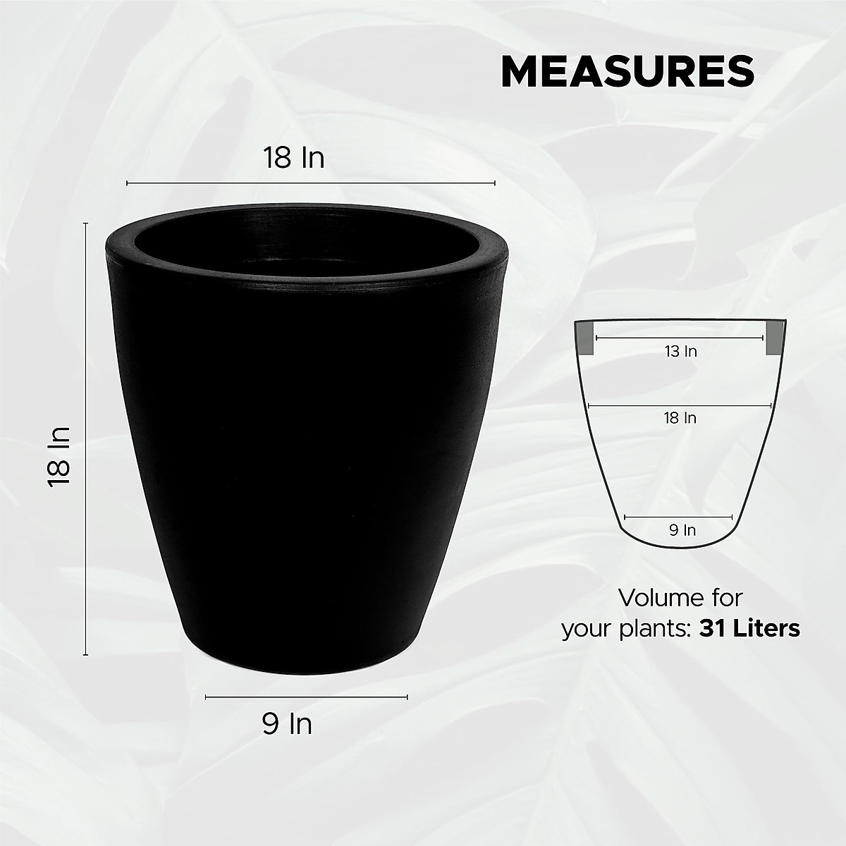 Elly Décor 17 inch Planter for Garden with Drainage, Large Round, Lightweight & Extremely Durable, Deck Indoor/Outdoor Plastic Pot, 17"x15"x9", Black