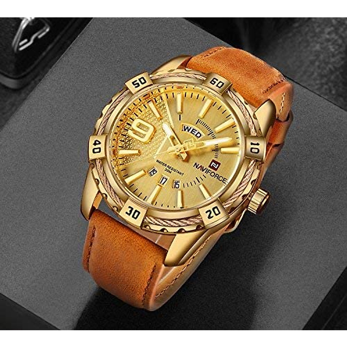 NAVIFORCE Luxury Men Sports Watches Waterproof Quartz Leather Watch Gold Big Face Date Clock
