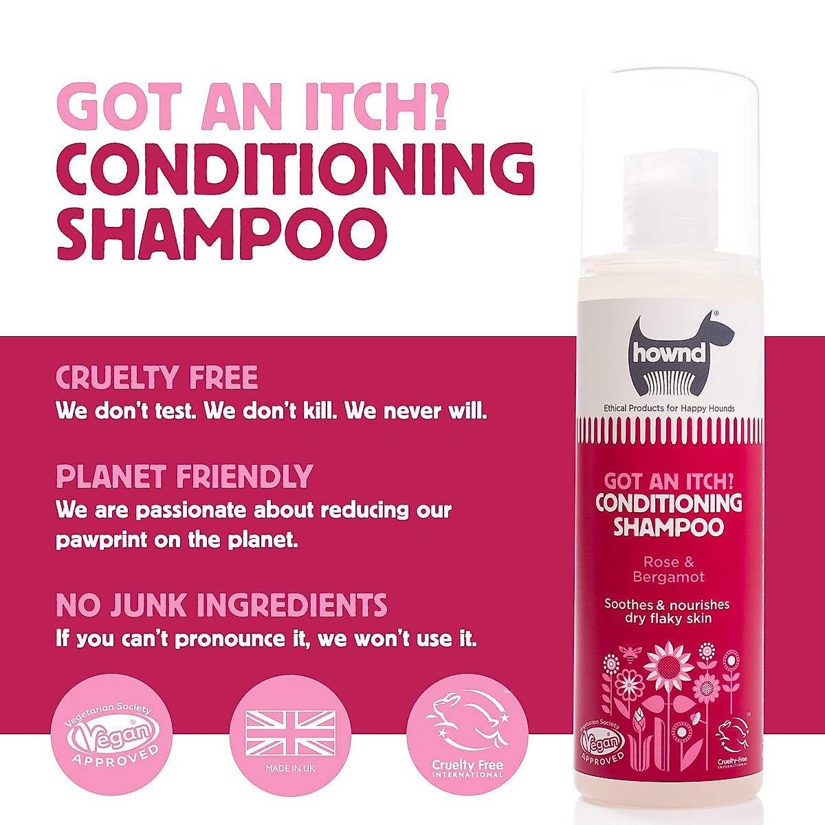 Hownd Got an Itch? Ultra Conditioning & Soothing Anti-Itch Shampoo for Dogs w/Dry, Flaky Skin, with Rose, Bergamot & Aloe Vera, Restores Dry Coats - Vegan Formula, Cruelty Free
