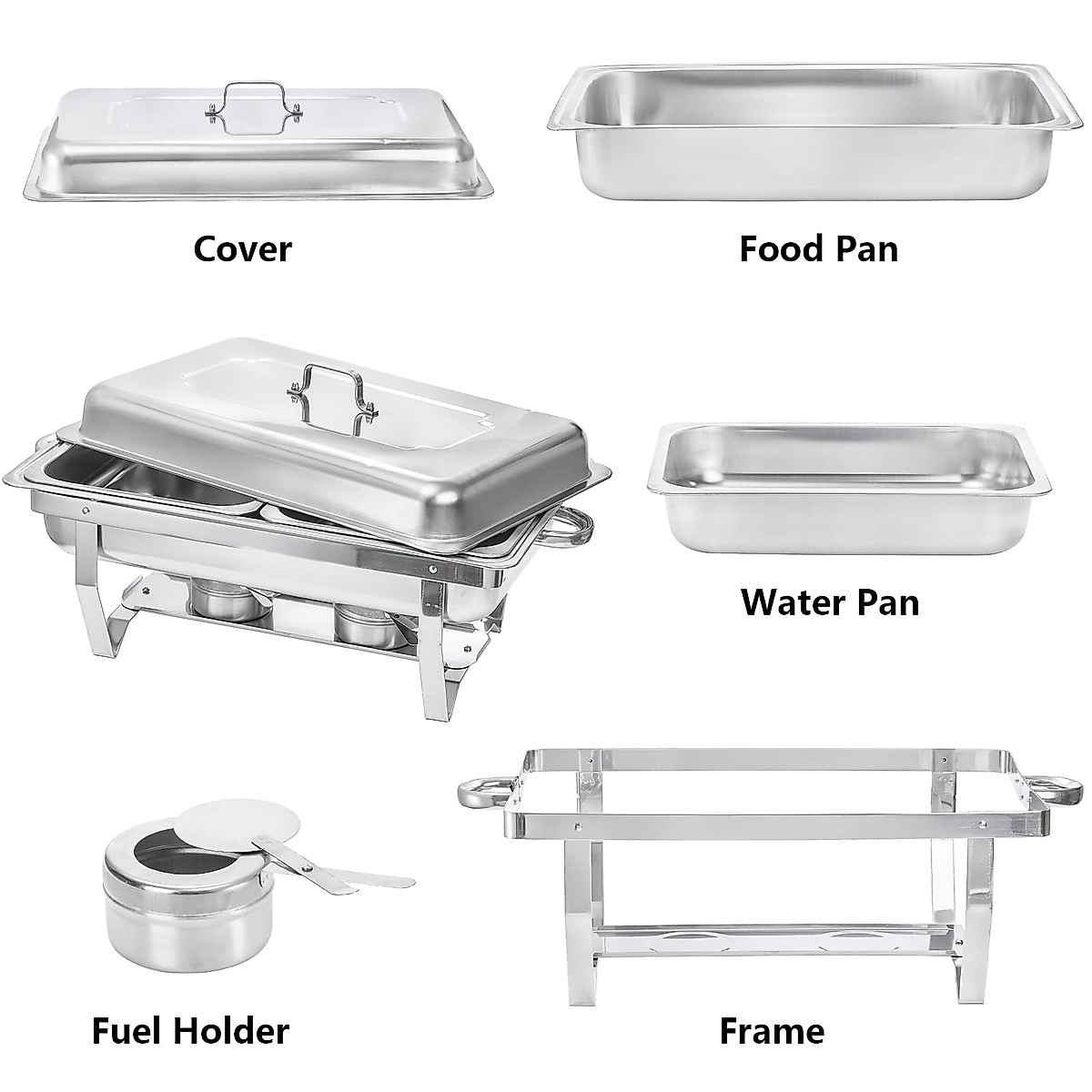Fasmov Chafing Dish Buffet Set, 8 Quart Stainless Steel Catering Serve Chafer, Restaurant Food Warmer, Rectangular Buffet Stove with 2 Half Size Food Pans and Folding Frame
