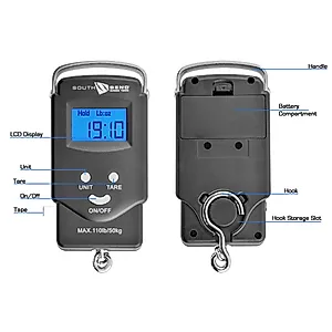 South Bend Digital Hanging Fishing Scale and Tape Measure with Backlit LCD Display, 110lb/50kg Weight Capacity (Batteries Included)