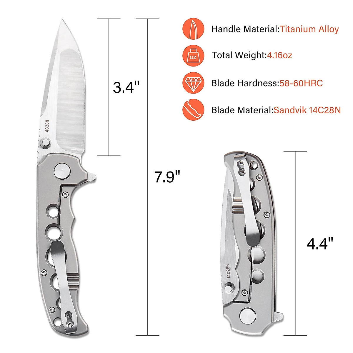 Monikala Pocket Knives & Folding Knives, 3.4" Titanium Pocket Knife Set, Liner Lock Pocket Knife, 14C28N Blade, Superior Pocket Knife for Women Man, Folding Pocket Knife for Chritmas Gift