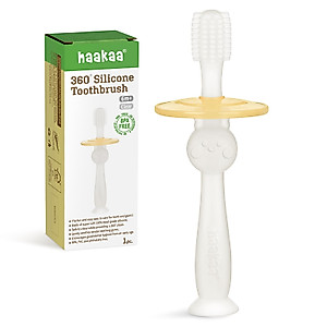 haakaa 360° Baby Toothbrush with Suction Base - Gentle Cleaning for Infant Self-Brushing Training, Food-Grade Silicone, Adjustable Safety Shield - Translucent (1 Piece)