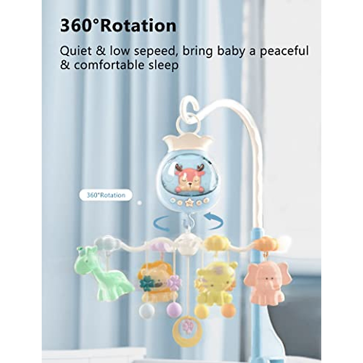 BSROLUNA Baby Crib Mobile with Music and Lights, Baby Mobile for Crib with Remote Control, Hanging Rotating Animal Rattles, 50 Songs and Timing Function, Cartoon Baby Crib Toys for Girls (Baby Blue)
